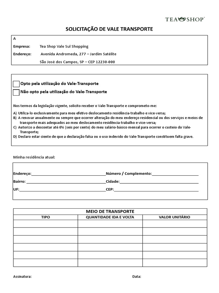 Solicitação de Vale Transporte | PDF