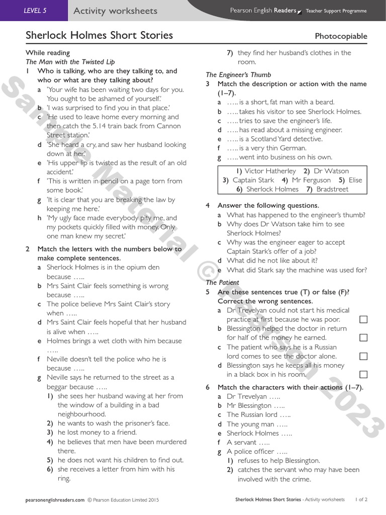 Sherlock Holmes Short Stories L5 - Activity Worksheet | PDF | Sherlock ...