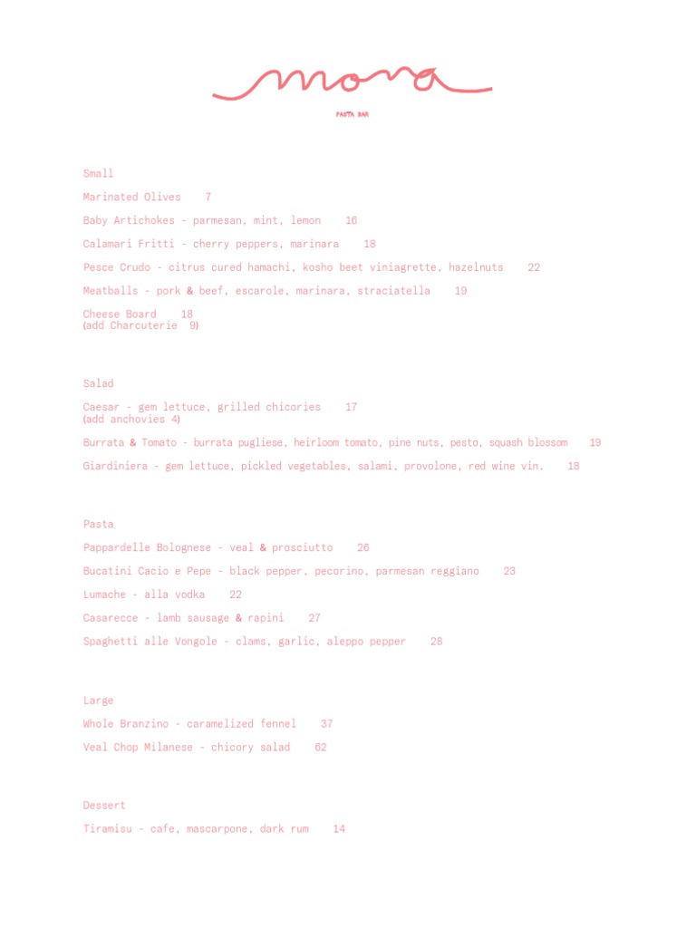 Mona Pasta Bar Menu - August 2023 | PDF