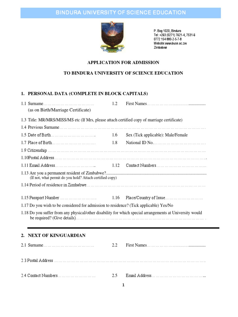 Application For Admission To Bindura University of Science Education ...