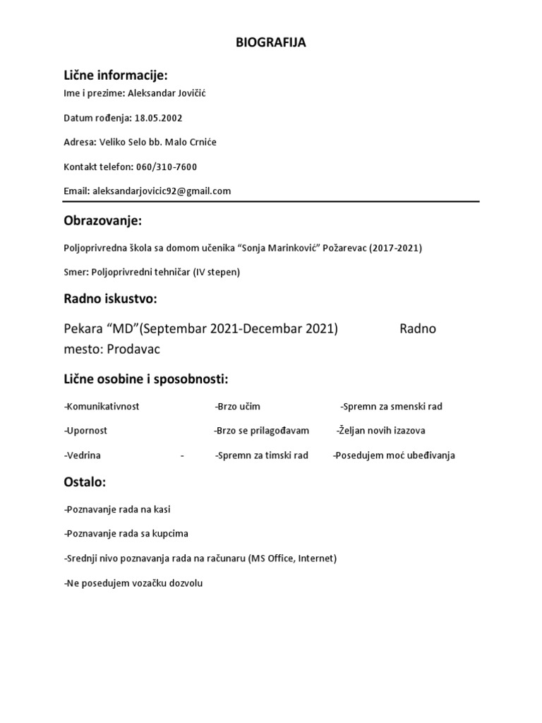 Aleksandar Jovičić Biografija | PDF