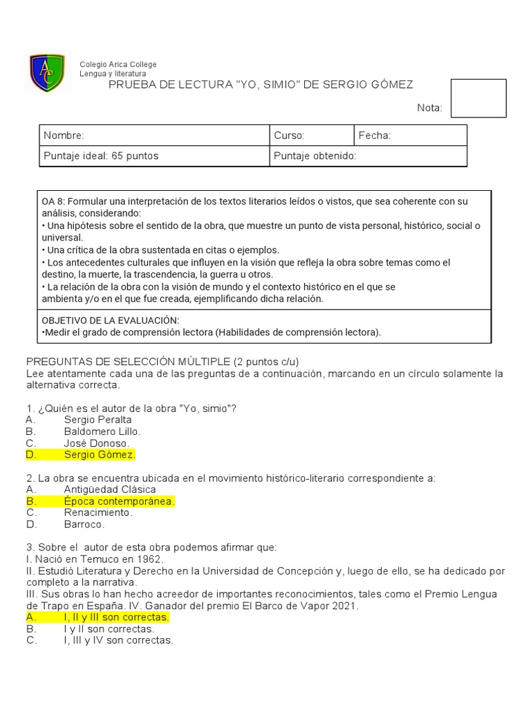 Prueba - Yo Simio - Pauta | Descargar gratis PDF | Autor | Comprensión ...