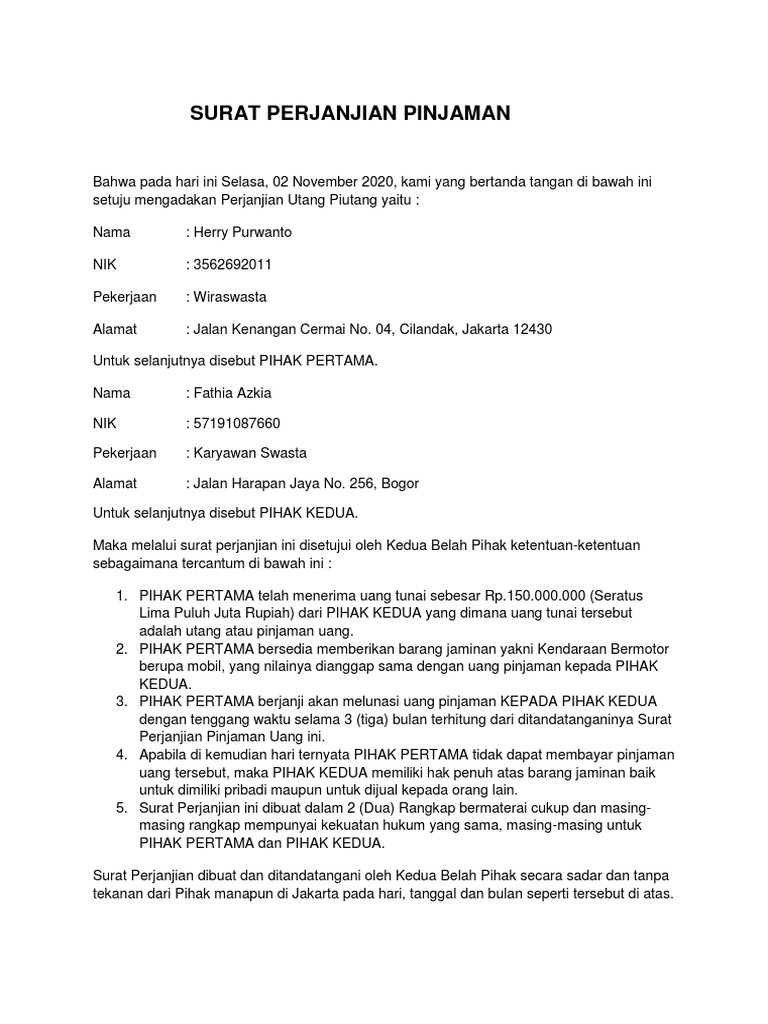 Contoh Surat Perjanjian Pinjaman Uang | PDF