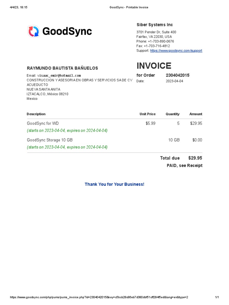 GoodSync - Printable Invoice | PDF