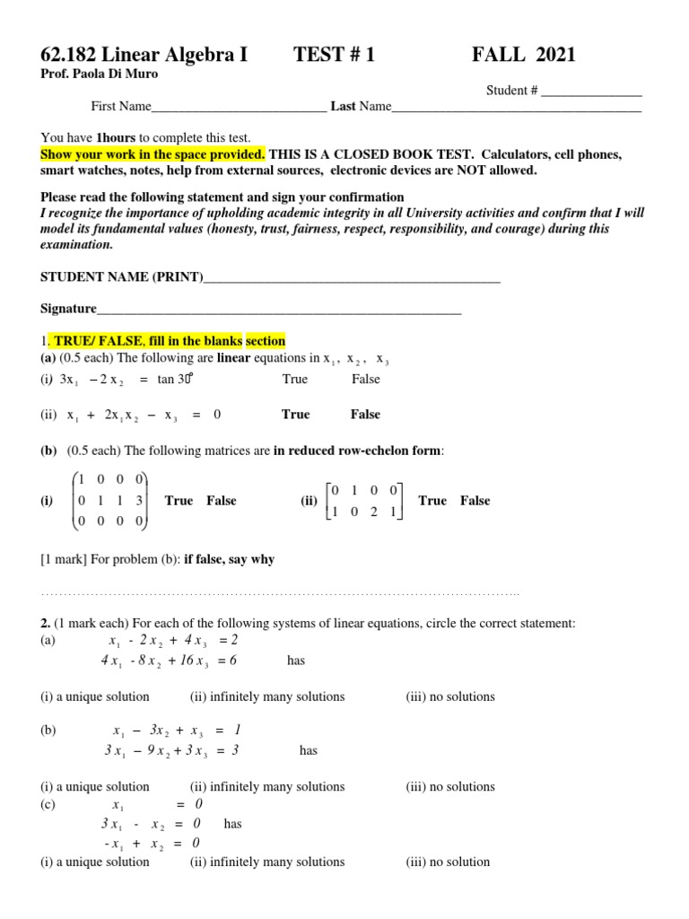 182 Linear Algebra Test 1 | PDF | Applied Mathematics | Linear Algebra