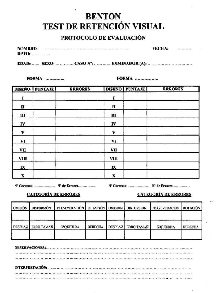 Benton Test de Retencion Visual Protocolo | PDF