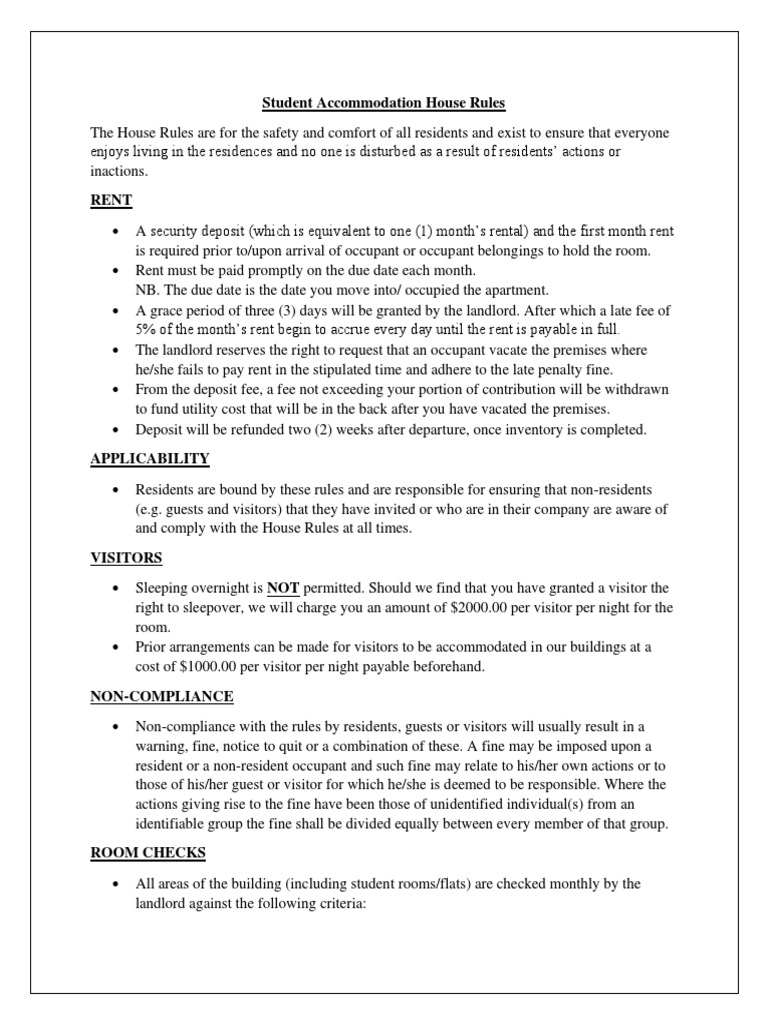 Student Accommodation House Rules | PDF | Renting | Fee