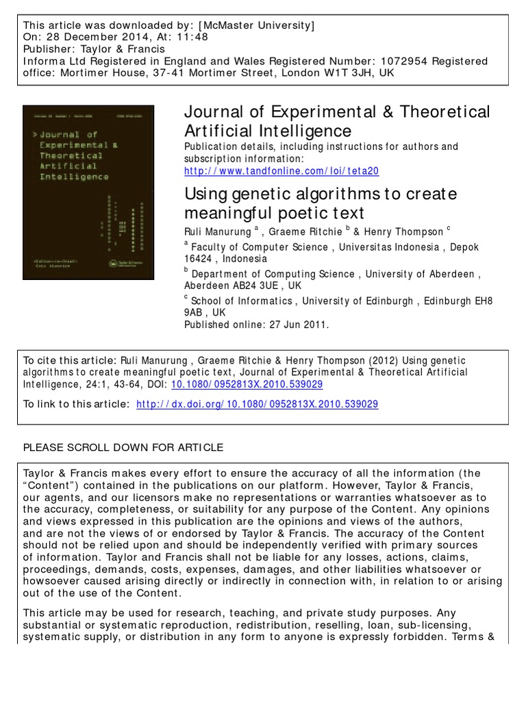 Using Genetic Algorithms To Create Meaningful Poetic Text | PDF ...