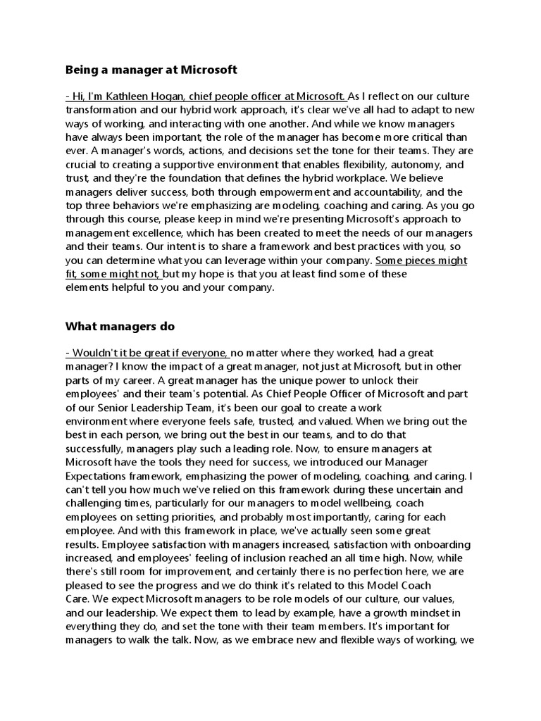 Management Excellence at MS - Model, Coach, Care | PDF