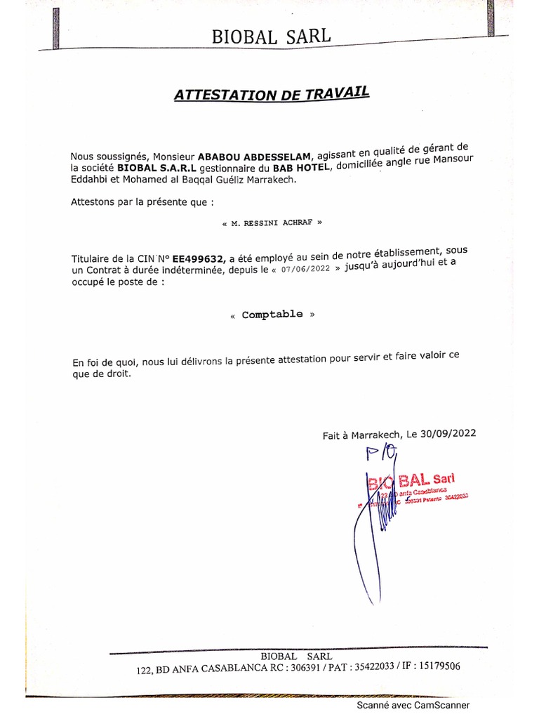 Attestation de Travail | PDF