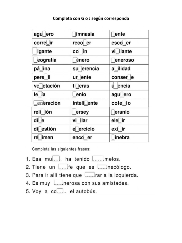 Completa con G o J según corresponda | PDF