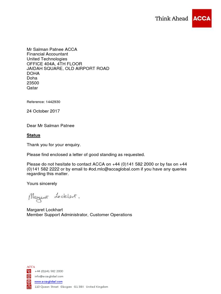 ACCA Letter of Good Standing | PDF | Business