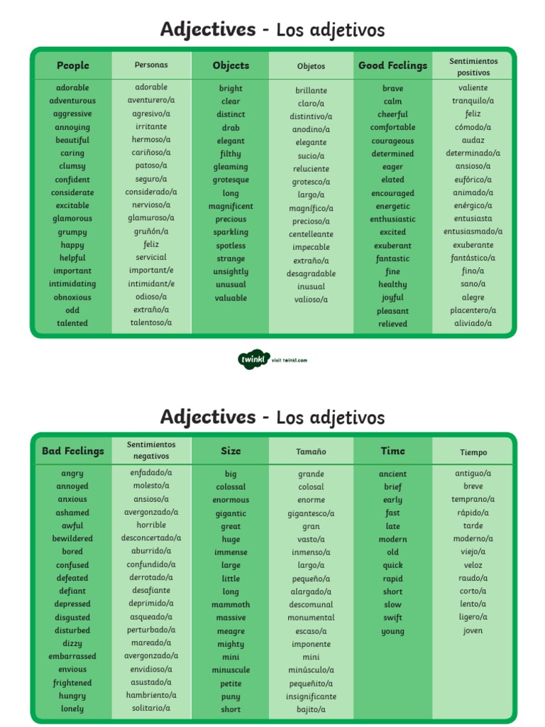 Adjectives Nouns and Verbs Word Mat English and Spanish | PDF