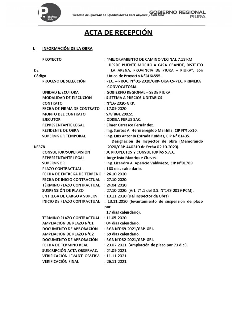 Acta de Recepción | PDF