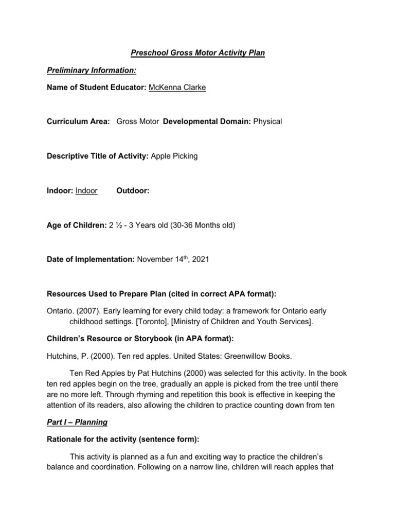 Preschool Gross Motor Activity Plan | PDF