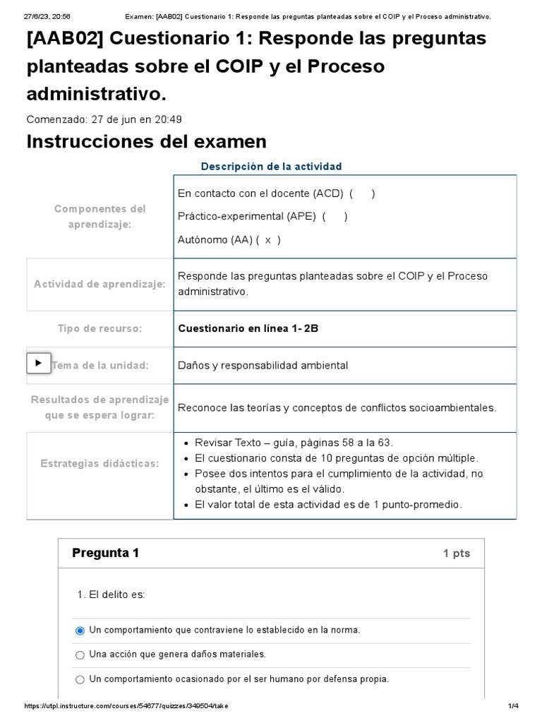 Examen - (AAB02) Cuestionario 1 - Responde Las Preguntas Planteadas Sobre El COIP y El Proceso ...
