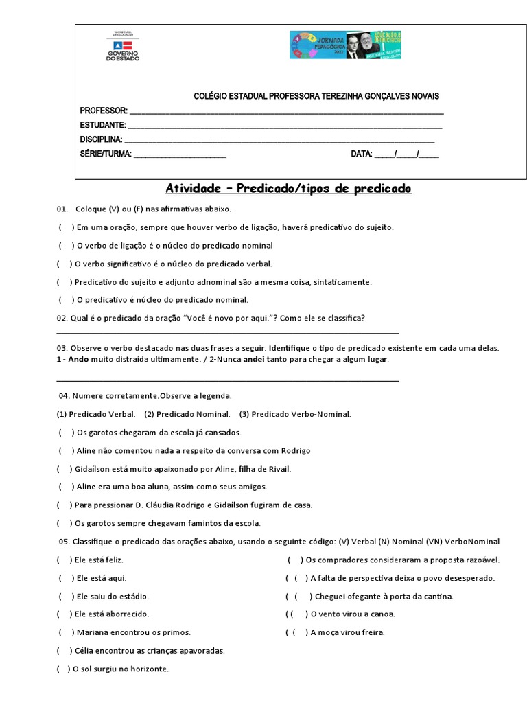 Atividade - Predicado - Tipos de Predicado | PDF | Predicado (gramática) | Assunto (gramática)