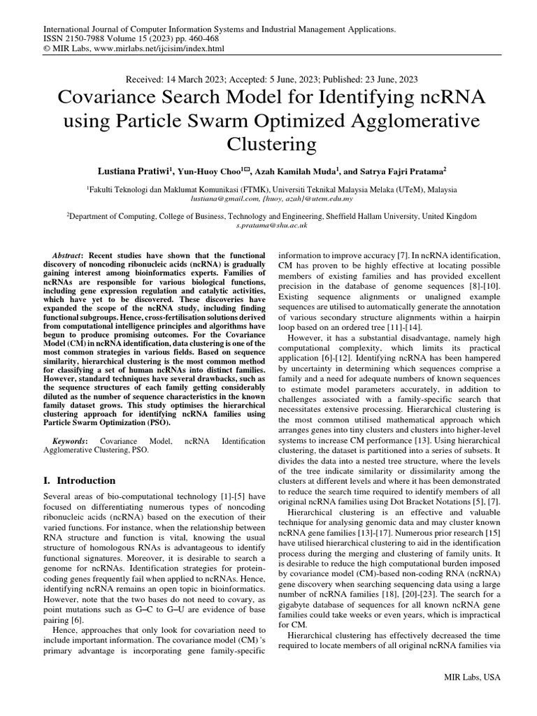 Covariance Search Model For Identifying ncRNA Using Particle Swarm ...