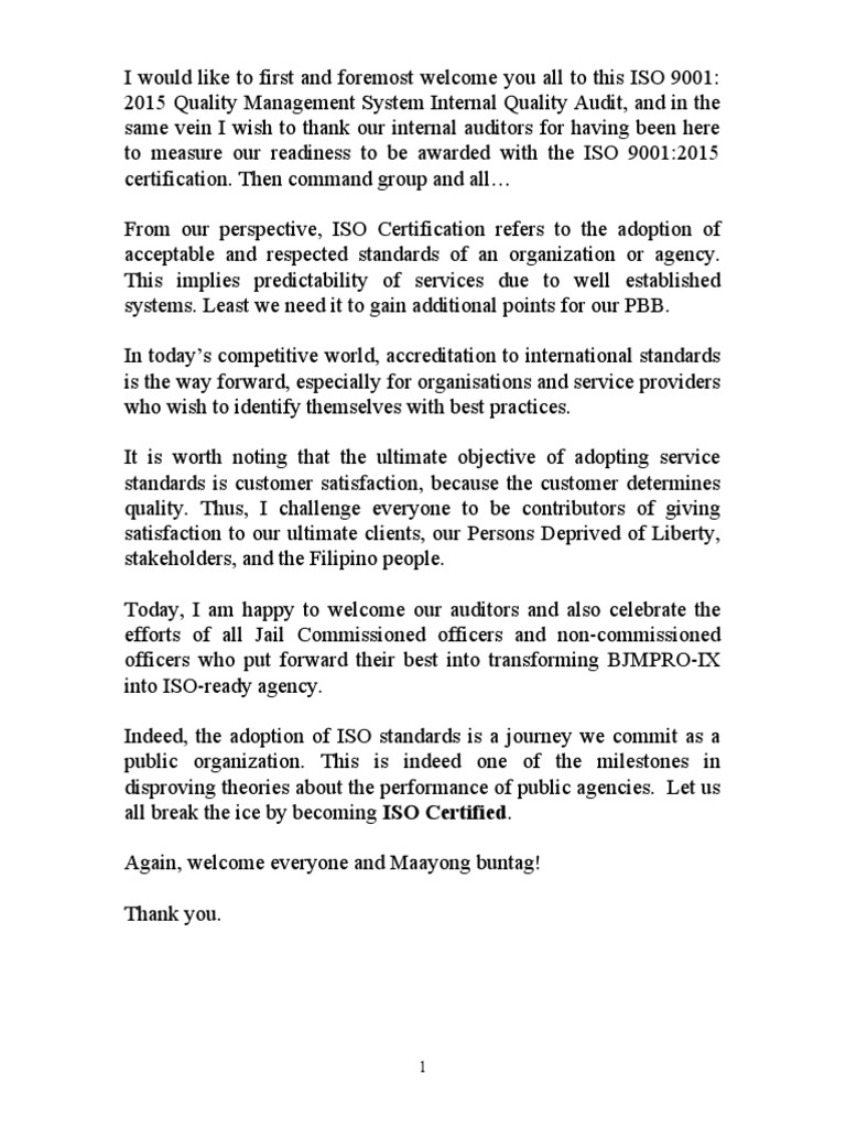 Welcome Remarks Iso | PDF