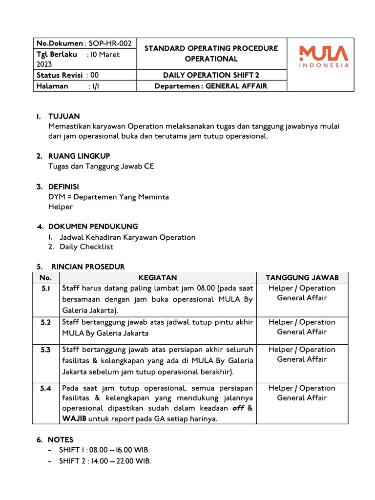 SOP-HR-002 Daily Operation Shift 2 | PDF