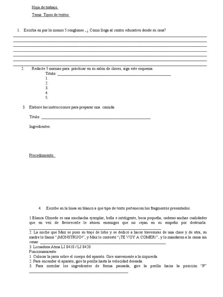 Hoja de Trabajo Tipos de Textos | PDF | Artes del Lenguaje y ...