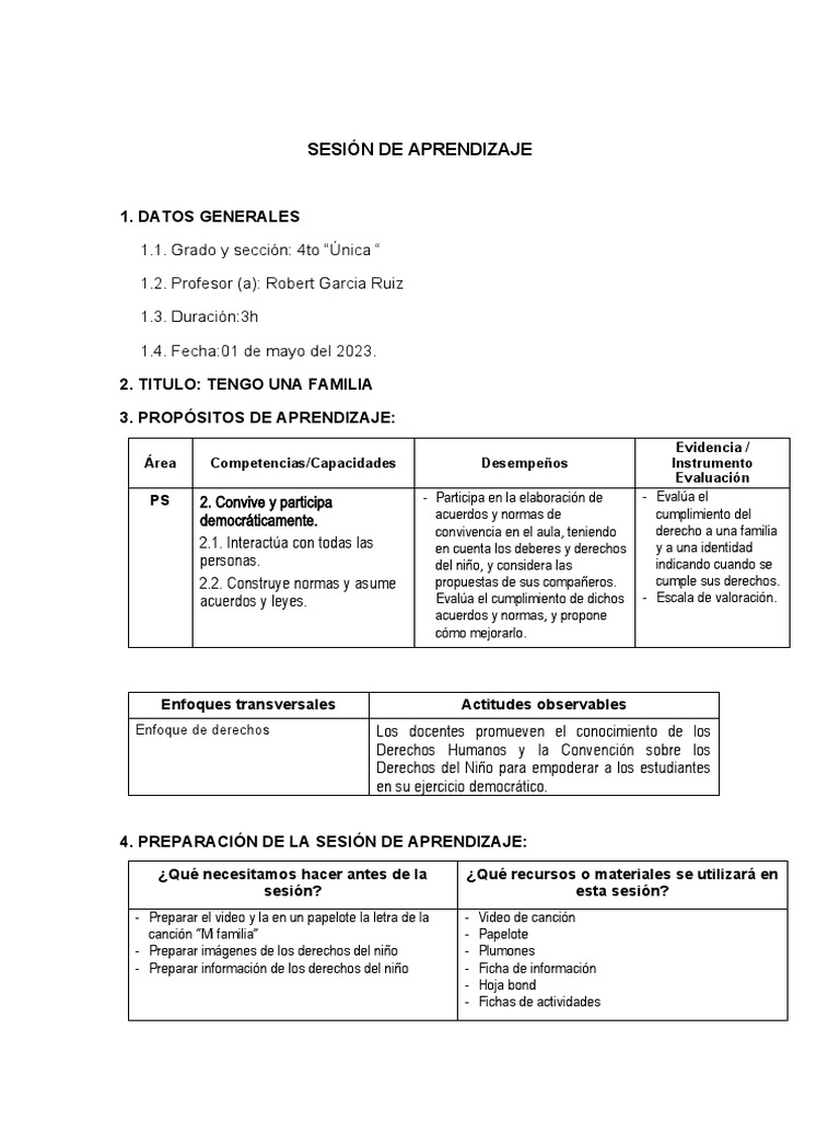 Sesión de Aprendizaje - La Familia y Tipos de Familia | PDF