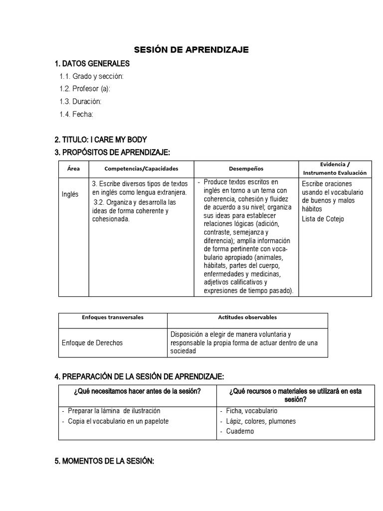 Sesión de Aprendizaje - Ingles - Buenos y Malos Habitos | PDF ...