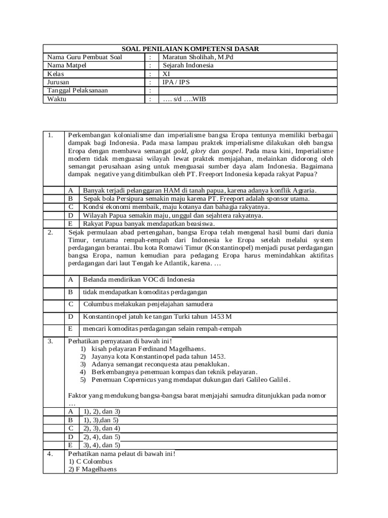 Soal - PKD - Sejarah Indonesia - Xi - Ipa-Ips | PDF