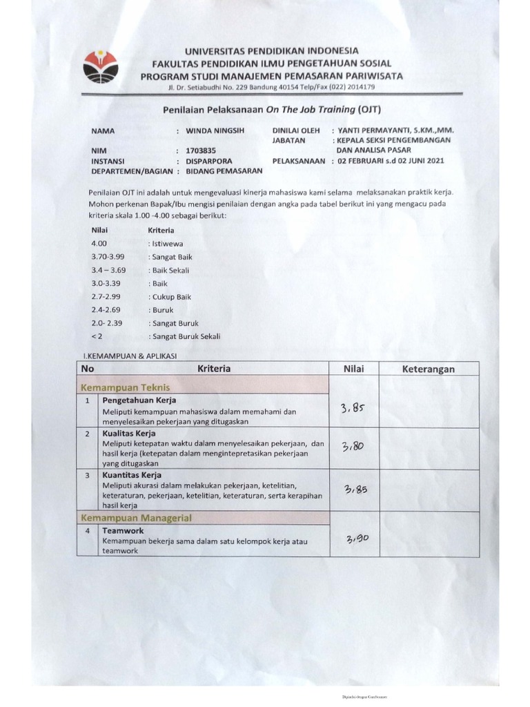 Hasil Penilaian OJT - Winda Ningsih | PDF