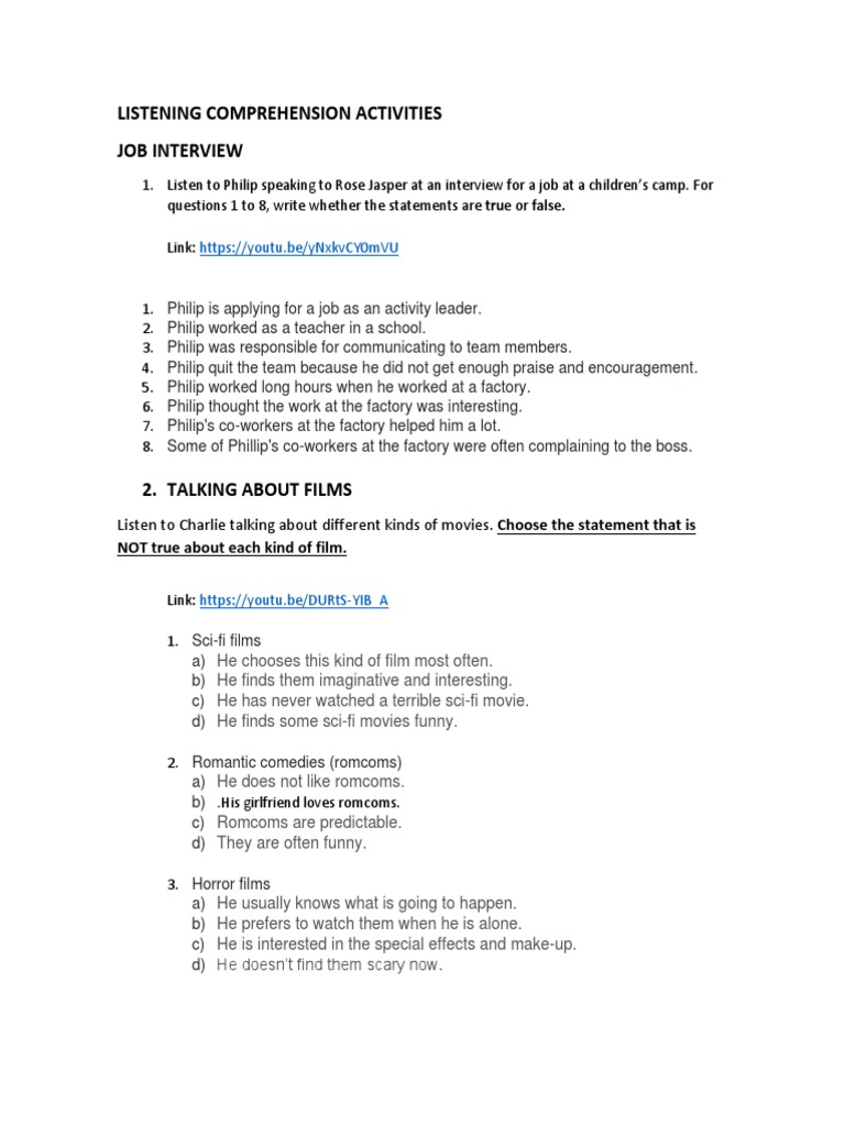 Listening Comprehension Activities | PDF