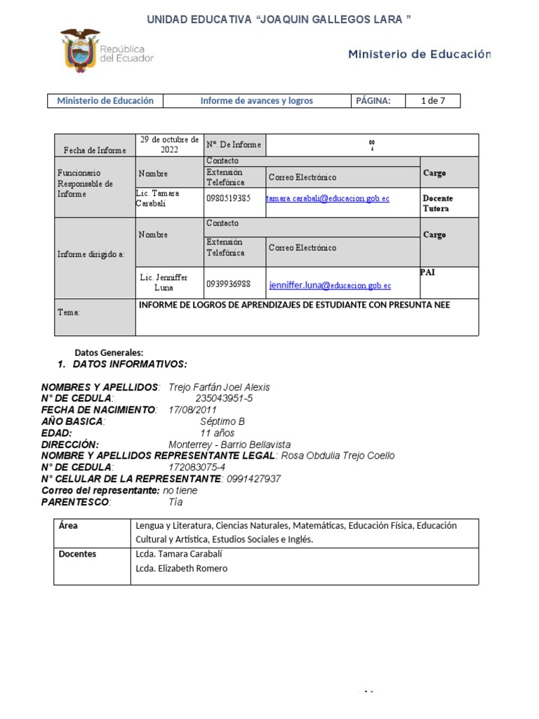 Ejemplo de Informe de Logros de Aprendizajes de Estudiantes Con ...
