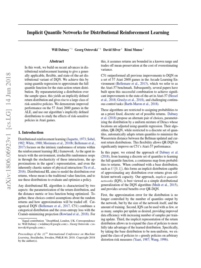Implicit Quantile Networks For Distributional Reinforcement Learning, Will Dabney Et Al., 2018 ...