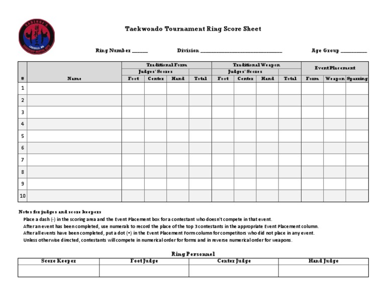 Taekwondo Tournament Score Sheet | PDF