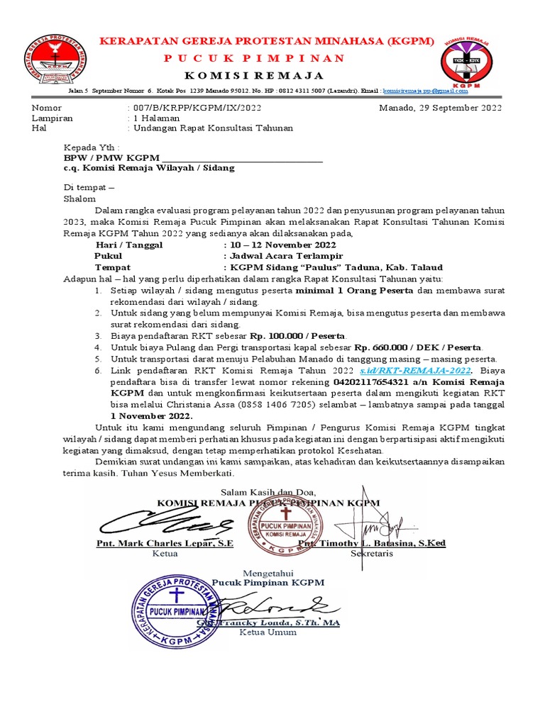 Surat Undangan RKT Komisi Remaja KGPM Tahun 2022 | PDF