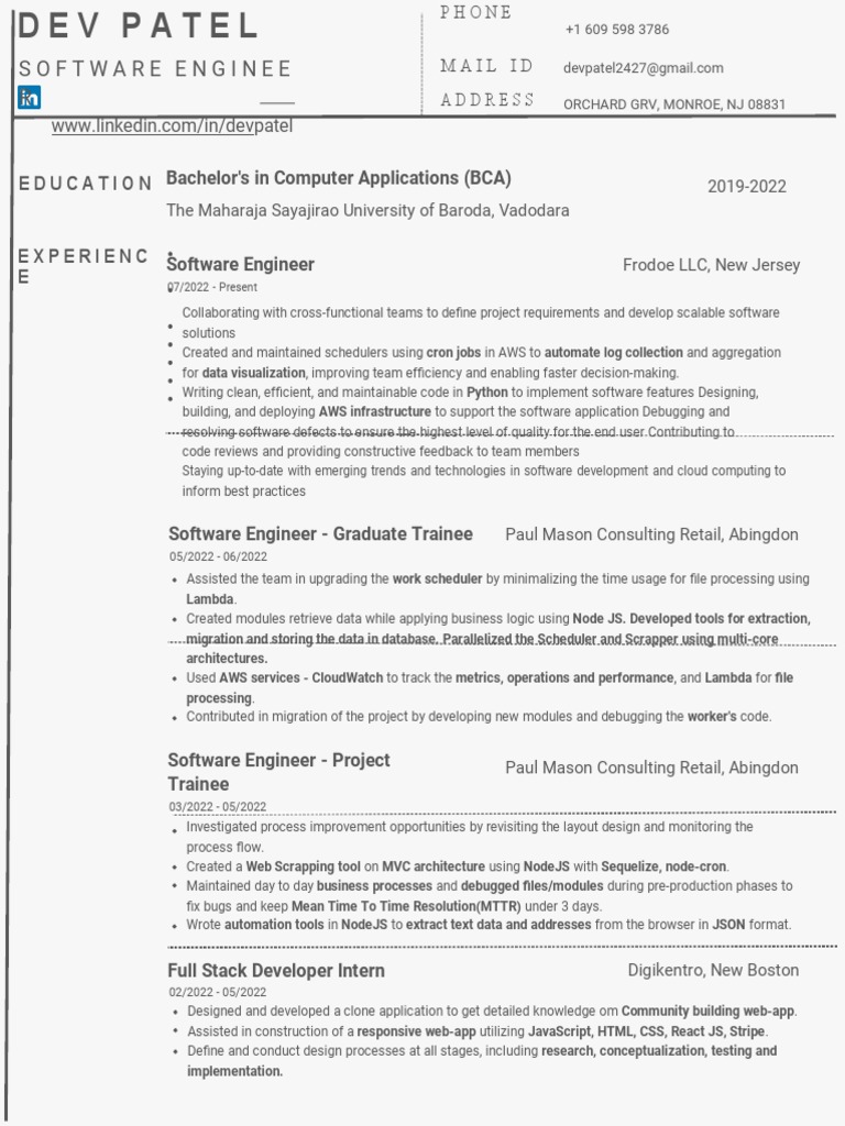 Dev Patel Cv Pdf Software Systems Engineering
