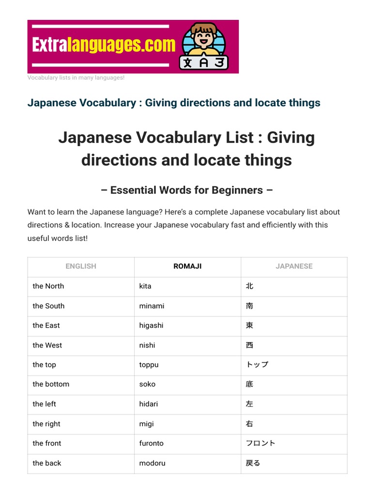 Japanese Vocabulary - Giving Directions and Locate Things | Download ...