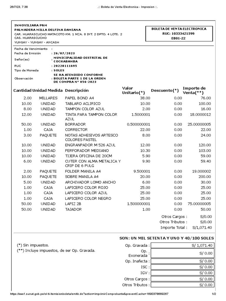 Boleta de Venta Electronica - Impresion - BOLETA PARATE 1 DE LA ORDEN ...