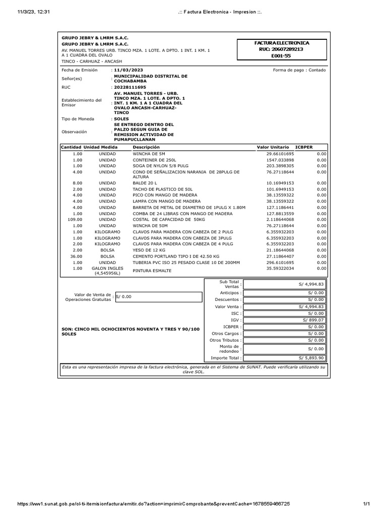 Factura Electronica - Impresion Material de Ferreteria Grupo Jebry | PDF