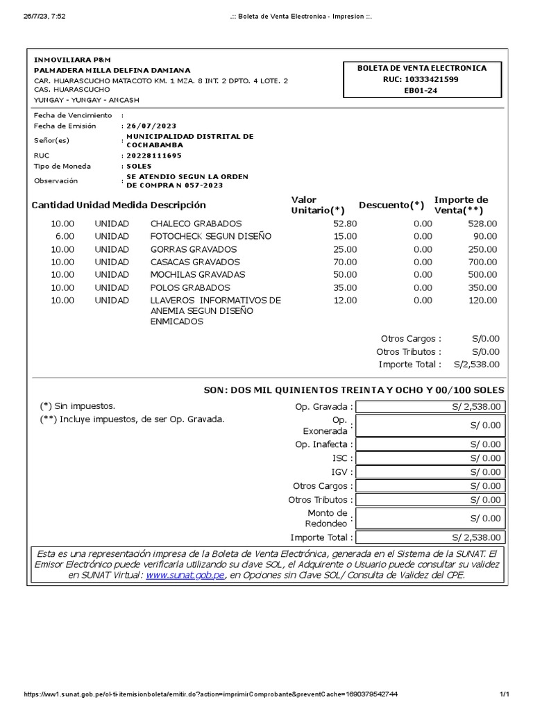 Boleta de Venta Electronica - Impresion - SEGUN LA ORDEN N 057-2023 | PDF