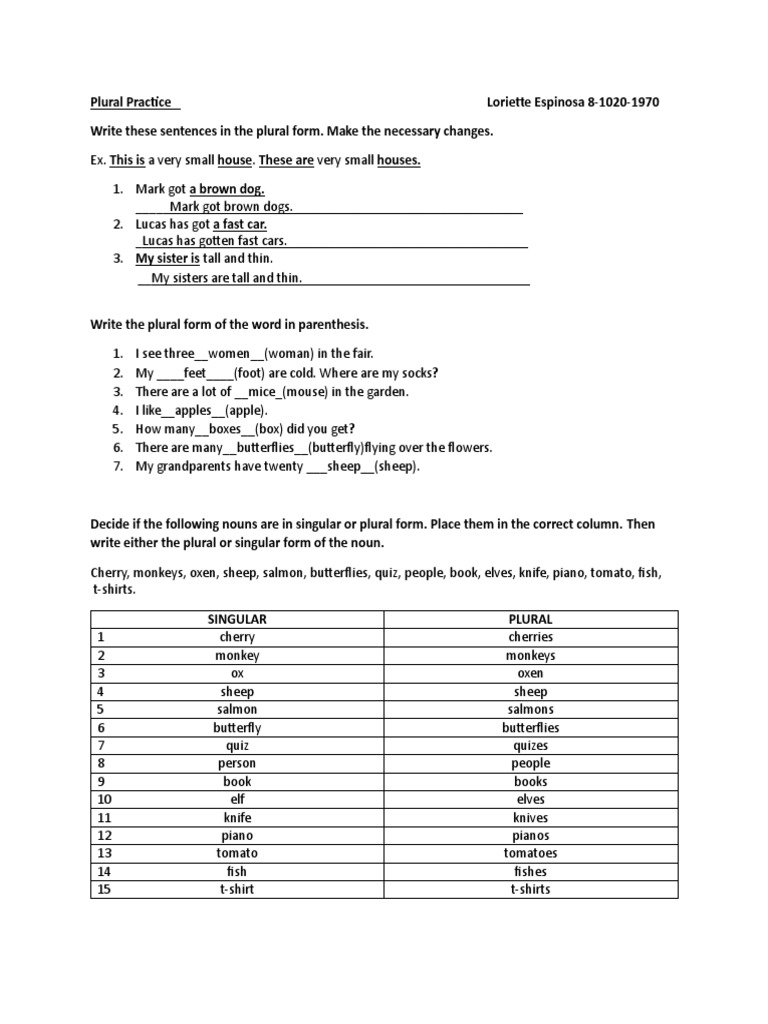 Plural Nouns Practice Exercises | PDF | Plural | Morphology