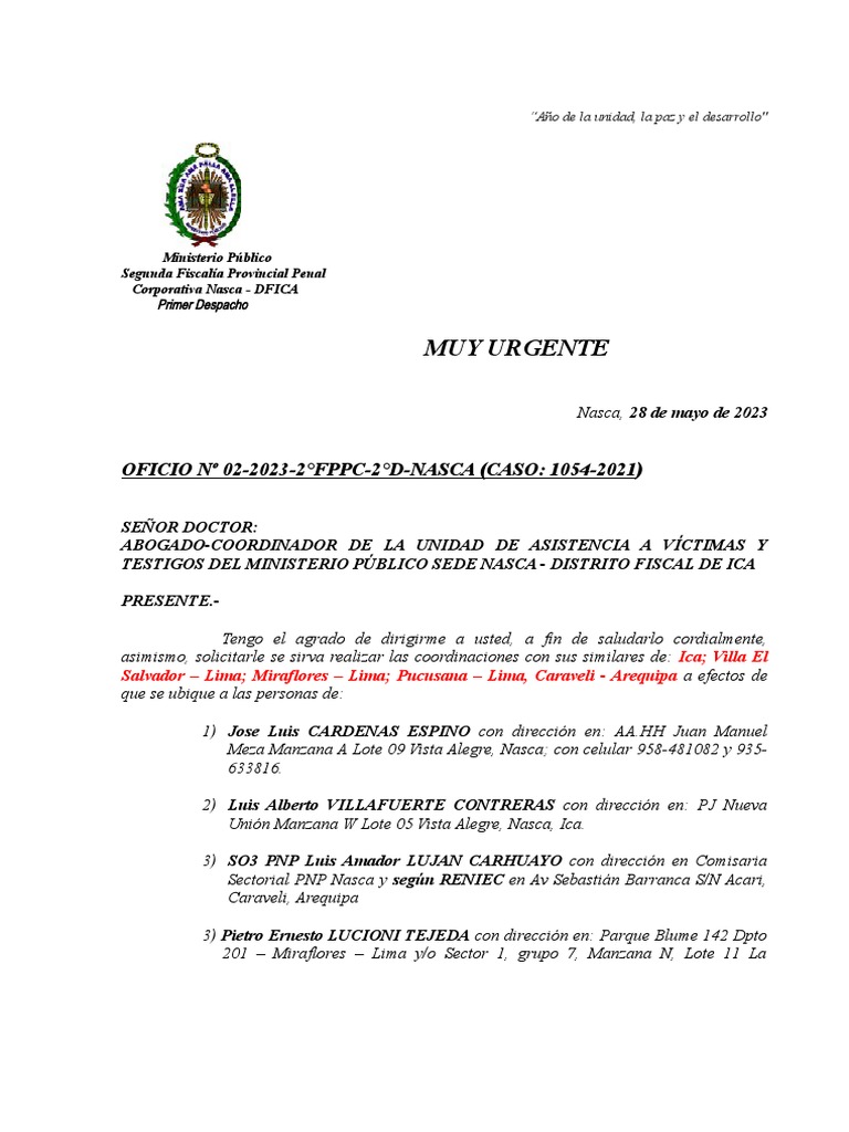Oficio 02-20123 Oficio Udavit Caso 1054-2021 | PDF | Lima | Crímenes