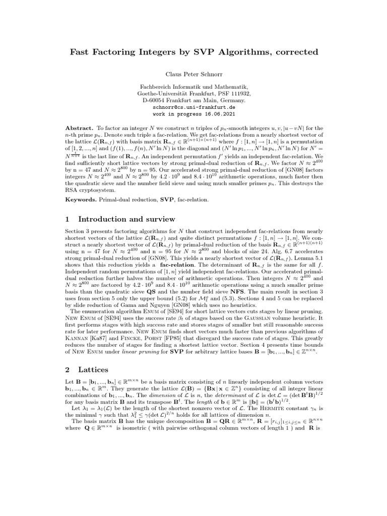 Fast Factoring Integers by SVP Algorithms - Peter Schnorr | PDF | Basis ...