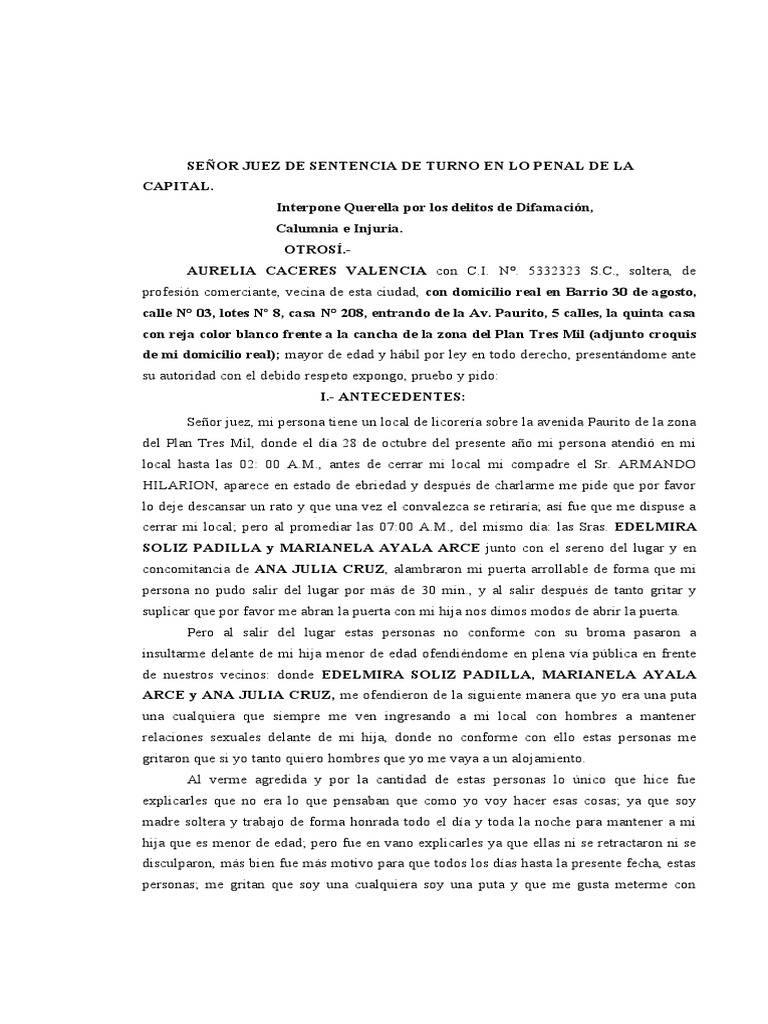 Querella Por Los Delitos de Calumnia e Injuria | PDF | Procedimiento Criminal | Queja