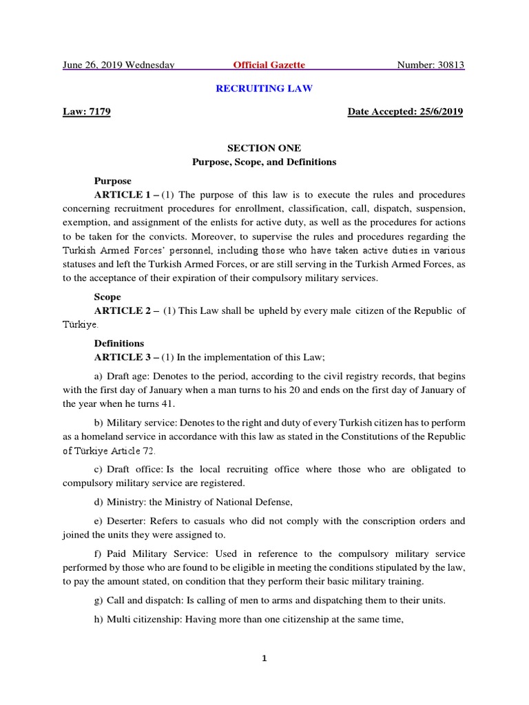 7179 Askeralma Kanunu (İngilizce) | PDF | Conscription | Non Commissioned Officer