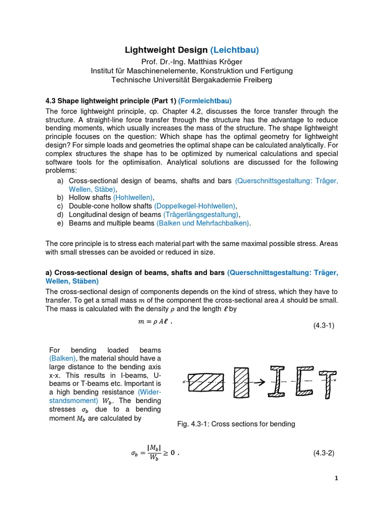 Leichtbau Skript Kroeger Kapitel 4 3 Teil1 Formleichtbau | PDF | Bending | Solid Mechanics