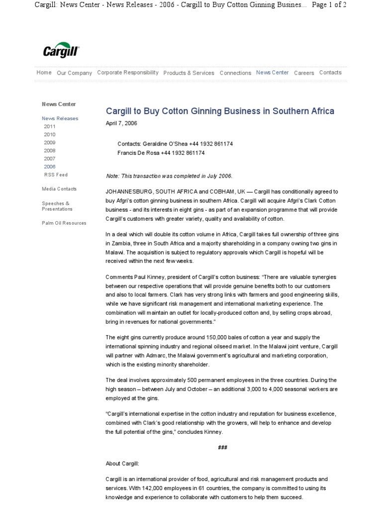 Cargill Acquires Cotton Gins in Africa | PDF | Cotton | Mergers And ...