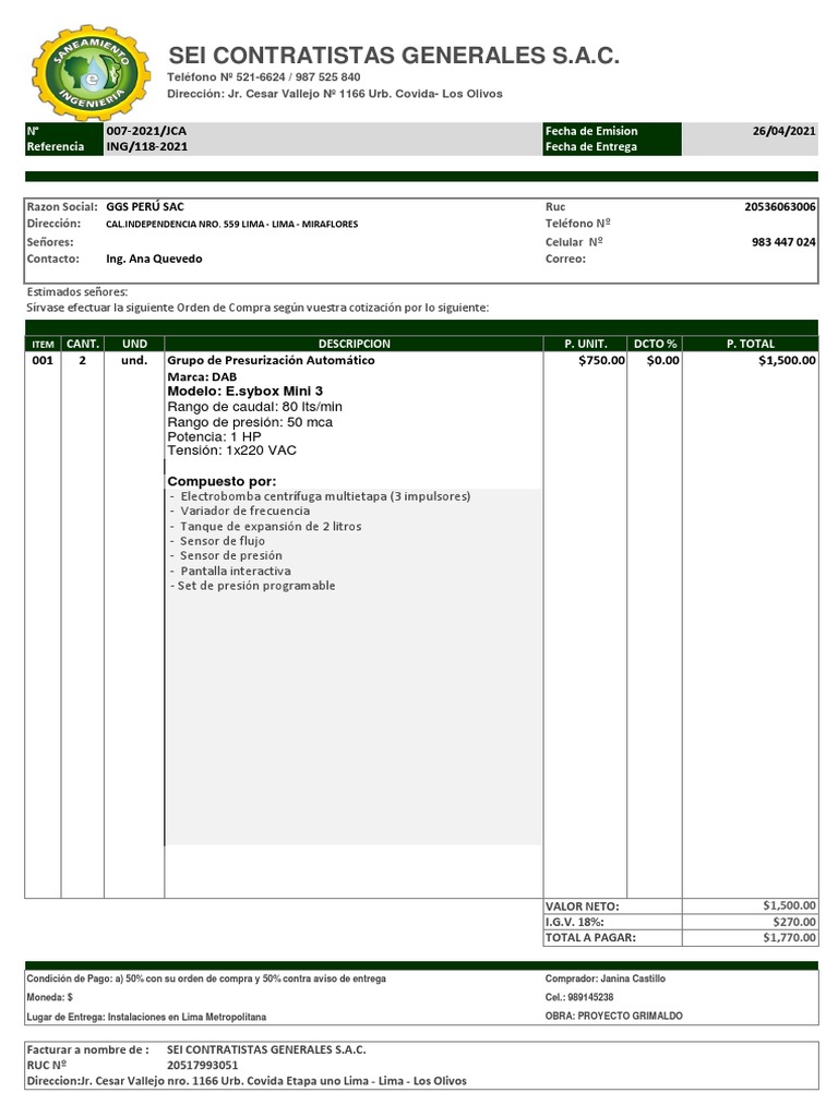 Sei Contratistas Generales S.A.C.: 007-2021/JCA ING/118-2021 | PDF | Dinámica (Mecánica ...
