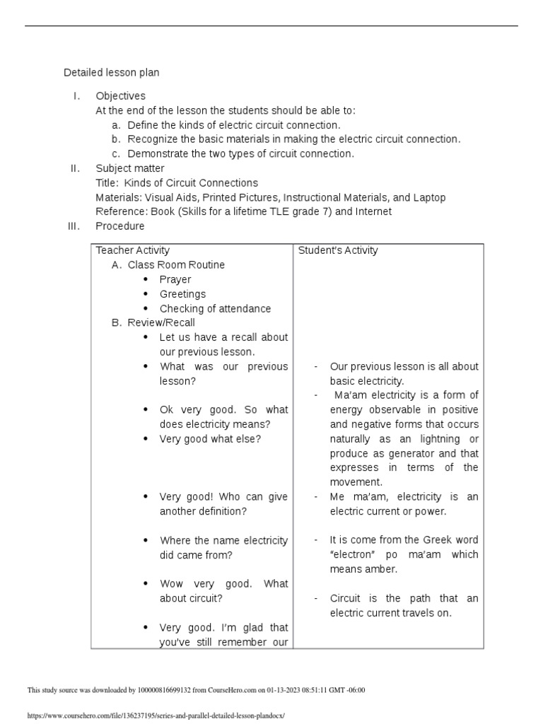 Series and Parallel Detailed Lesson Plan | PDF