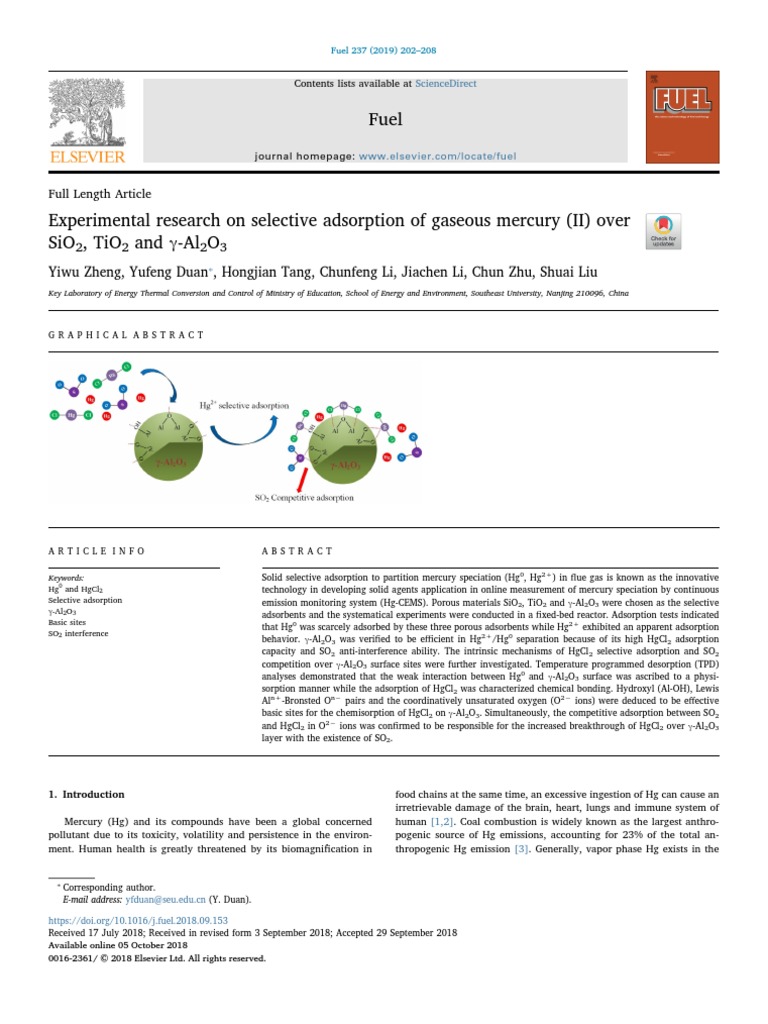 2019 Experimental Research On Selective Adsorption Of Gaseous Mercury Ii Over Sio2 Tio2 And