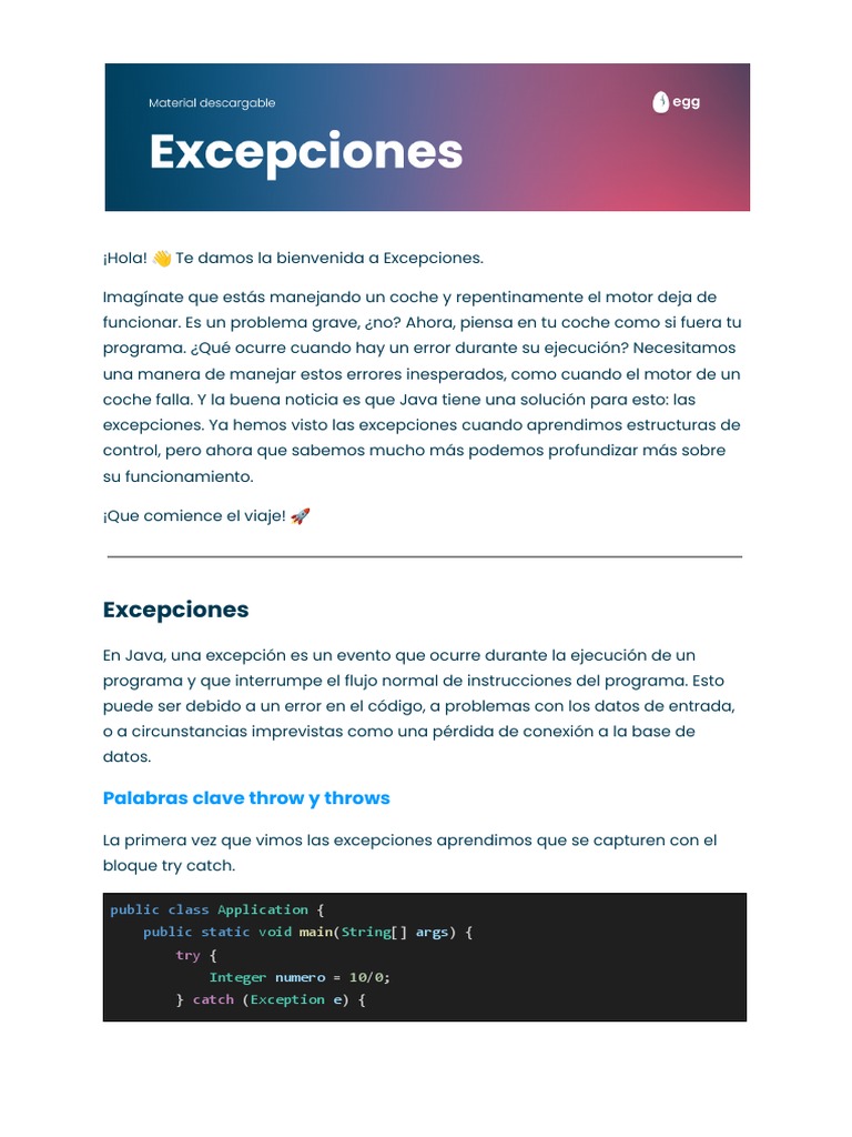 Teoría JAVA 16 - Excepciones | PDF | Java (lenguaje de programación) | máquina virtual de Java